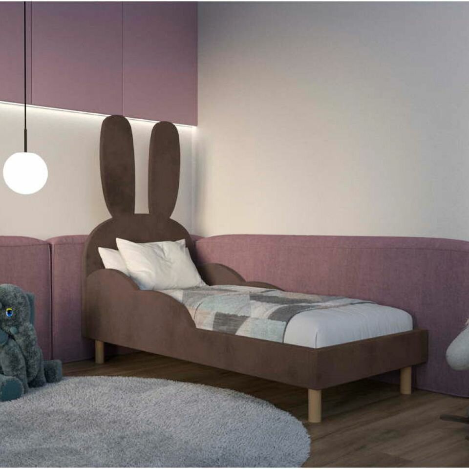 Детская кровать мягкая с ушками и бортиками 120x200 Банни цвет Коричневый