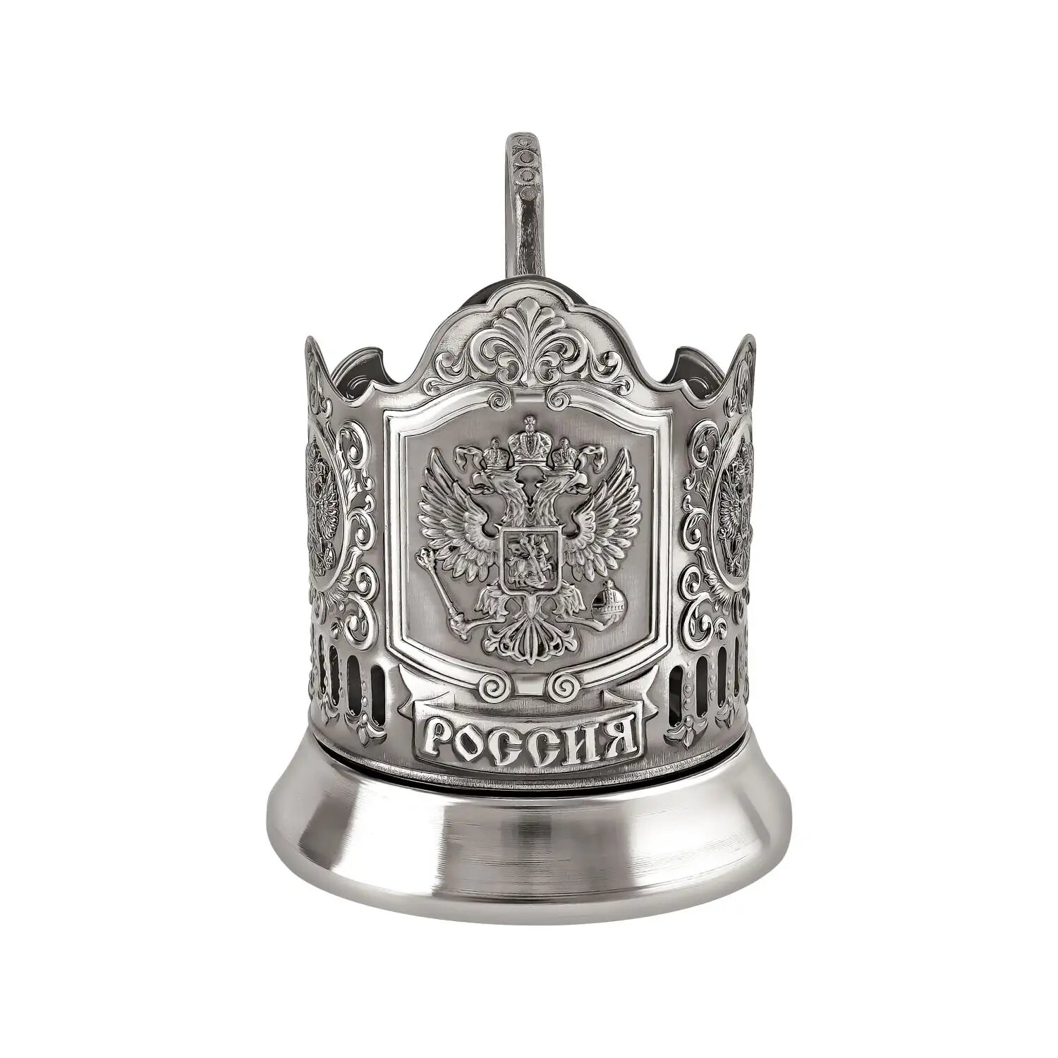 Подстаканник никелированный с чернением "Герб России". Подарочная коробка.