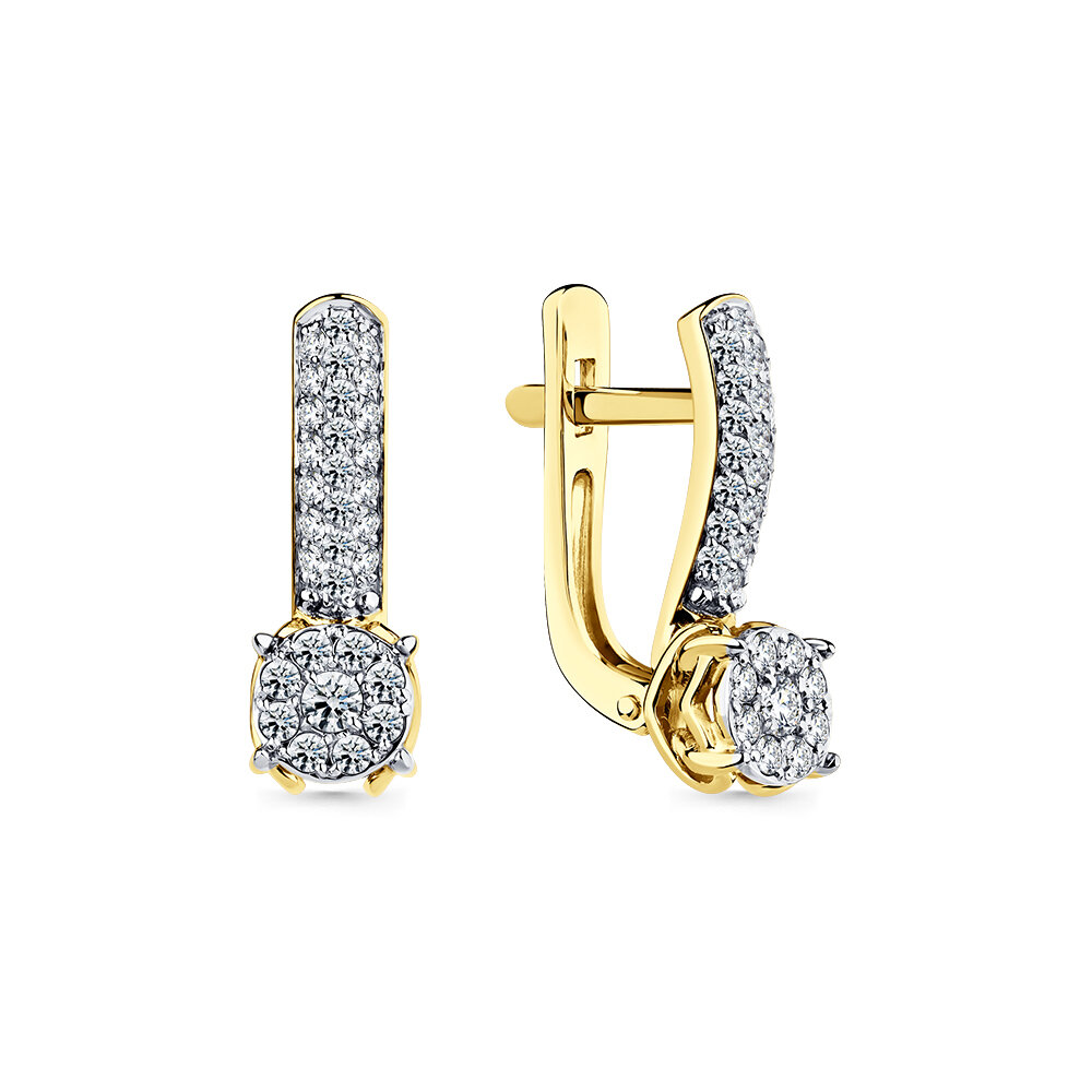 Серьги, желтое, комбинированное золото, 585 проба, бриллиант