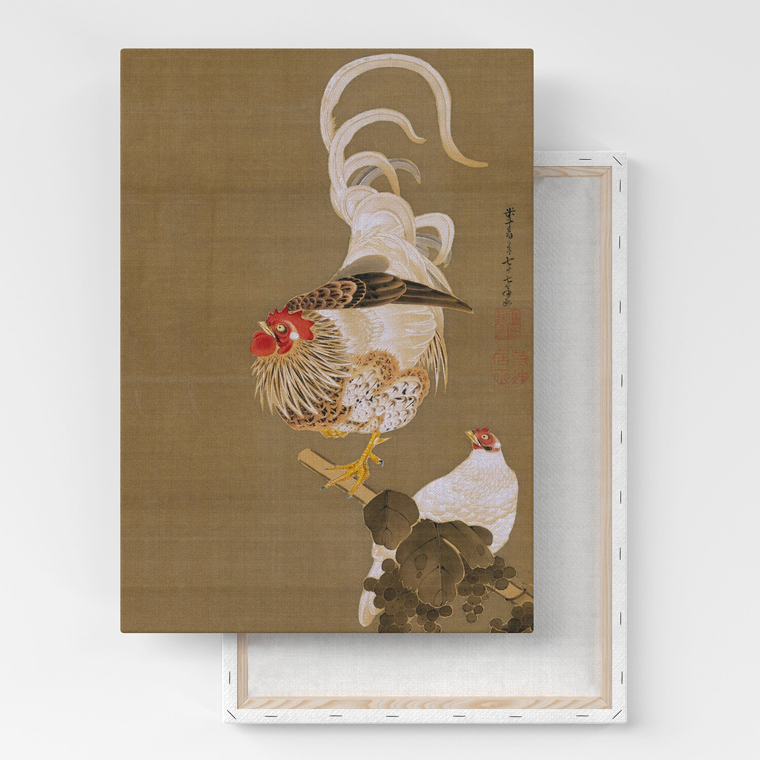 Картина на холсте, репродукция / Ито Дзякутю - Петух с виноградной лозой / Размер 30 x 40 см