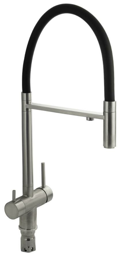 MAGNUS 91118 Смеситель кухонный С-образный гибкий излив - чёрный , шаровый, с двойным выпуском воды для фильтра, из нержавеющей стали марка 304