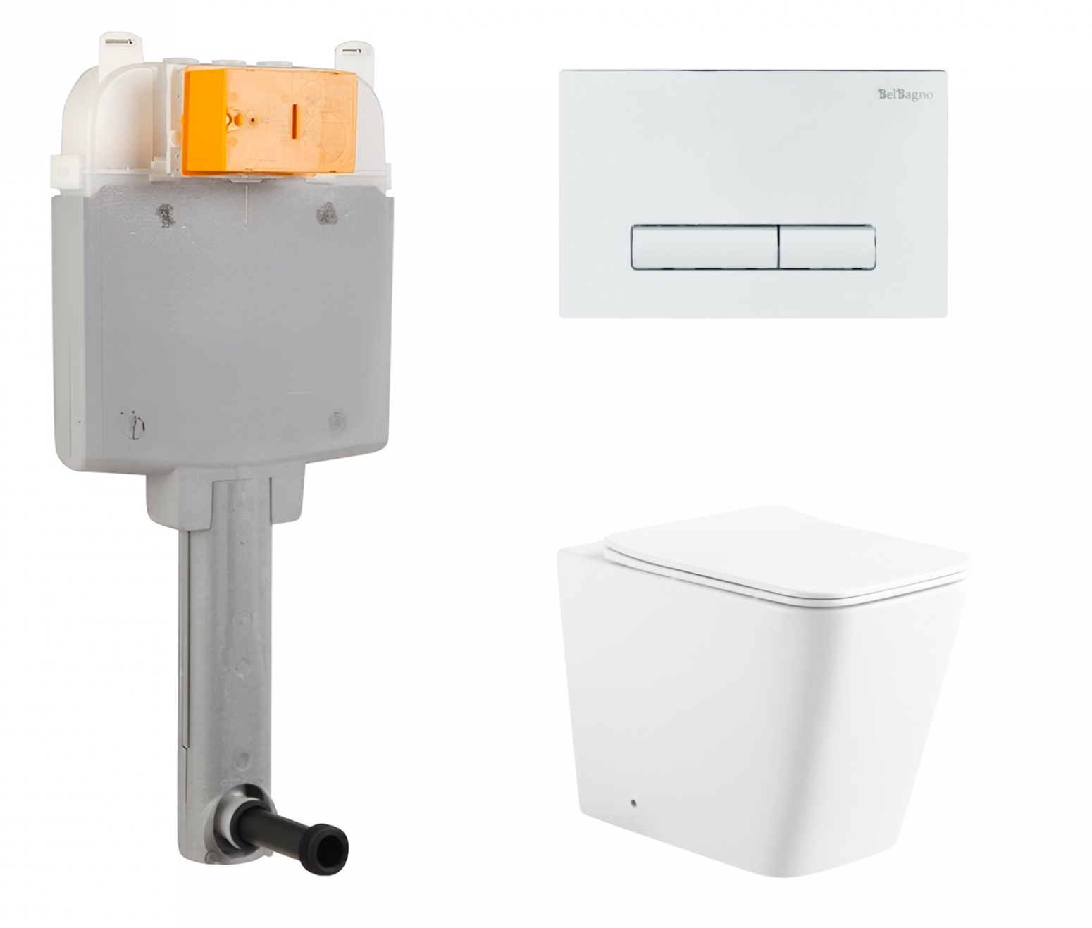 Комплект 3 в 1 смывной бачок скрытого монтажа BelBagno BB025-CS + Унитаз приставной Enio Binario с кнопкой белой Genova