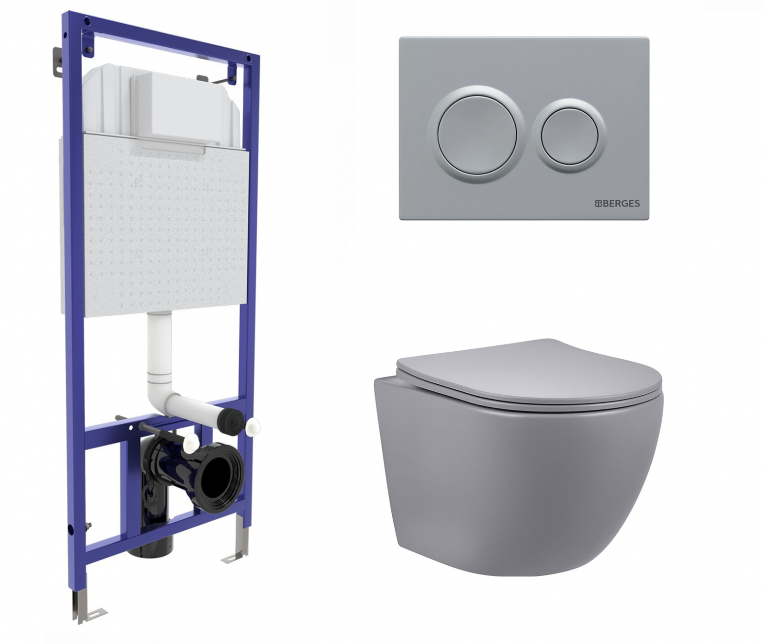 Комплект 3 в 1 инсталляция Berges Novum O2 + Унитаз подвесной Vincea Globo VT1-14SMG серый с кнопкой матовой хром