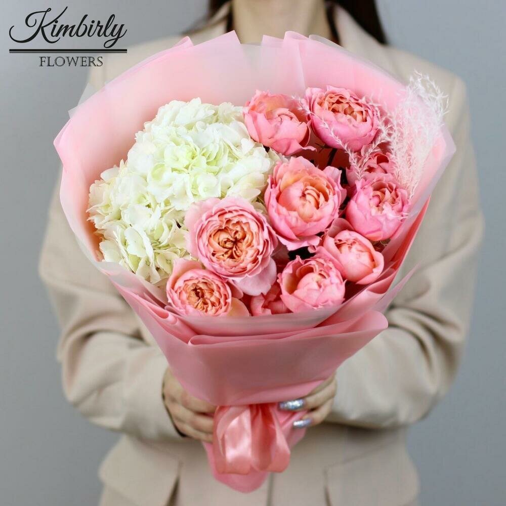 Букет живых цветов из роз, гортензий, цвет розовый, белый, кустовые пионовидные розы Джульетта арт 53