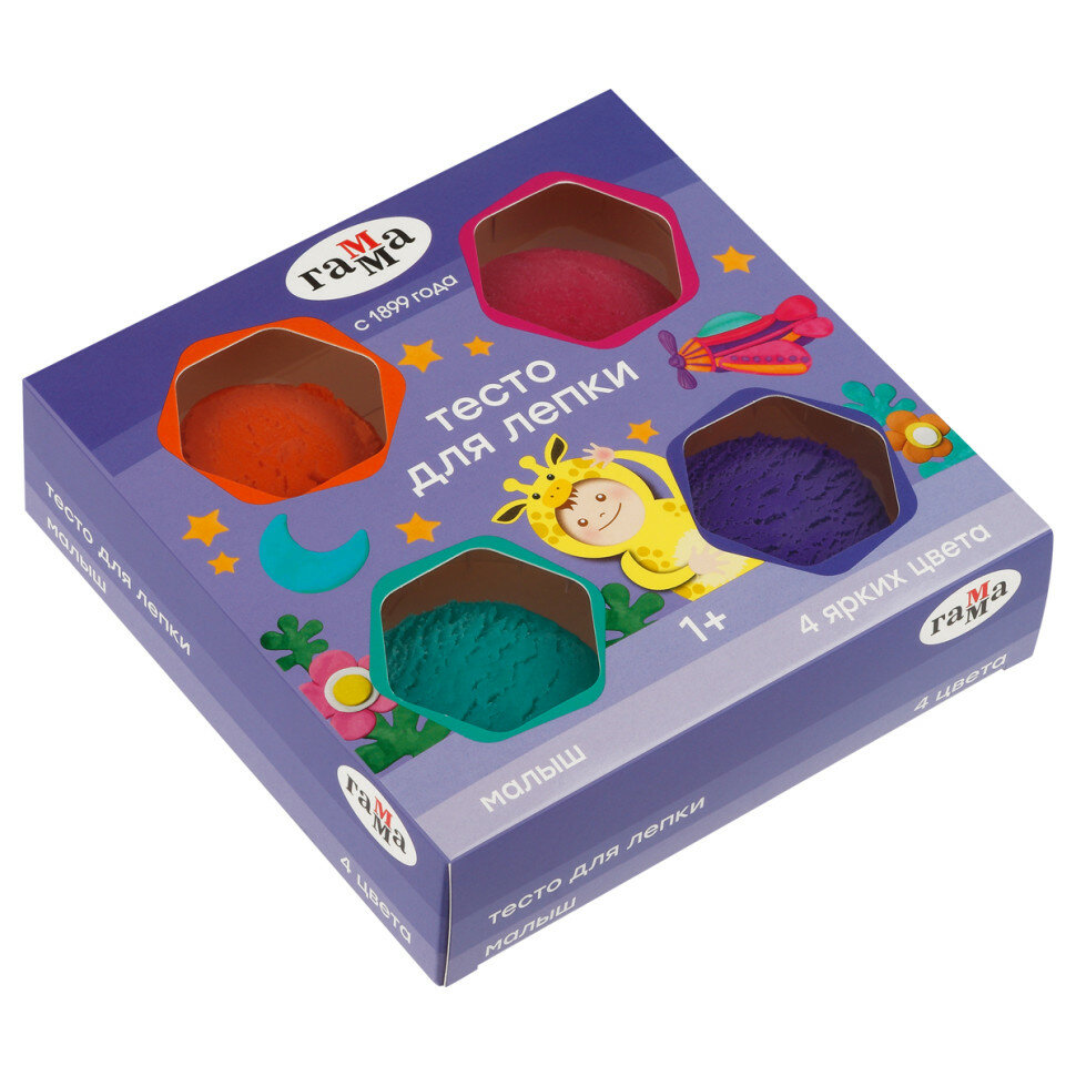 Тесто для лепки Гамма "Малыш", 4цв, 240г, яркие цвета, картонный рукав new, 366989