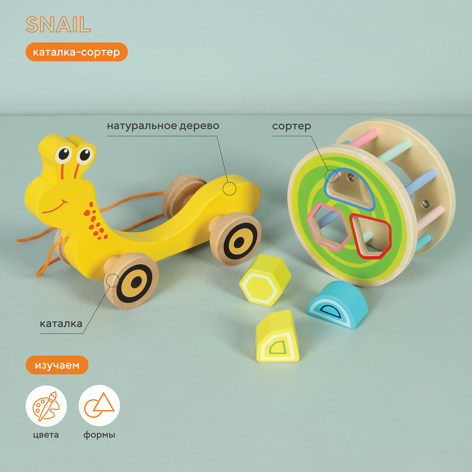 Каталка-сортер "SNAIL", дерево, 1-3 лет, для мальчиков и девочек