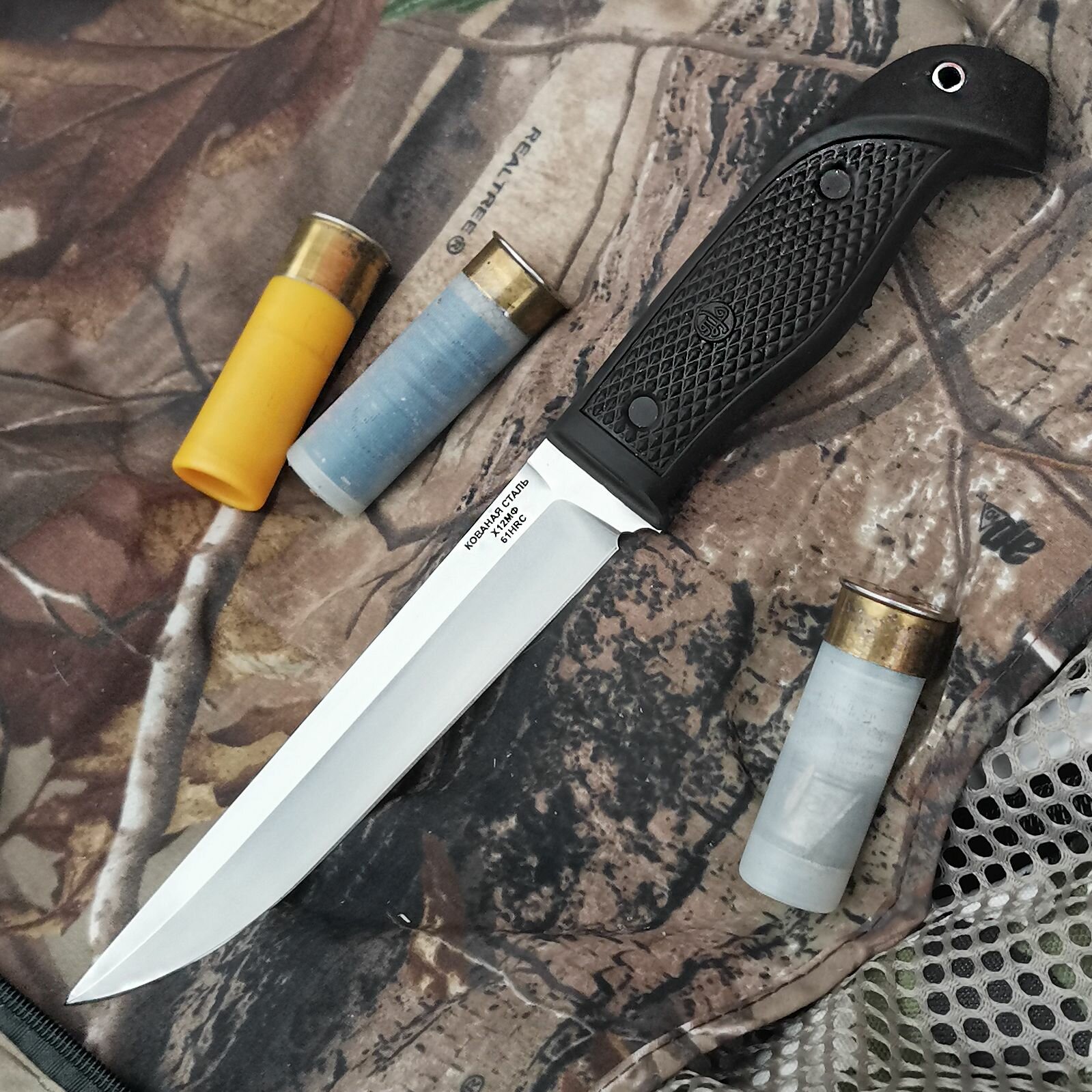 Финский нож из кованой стали Х12МФ, рукоять чёрная из эластрона