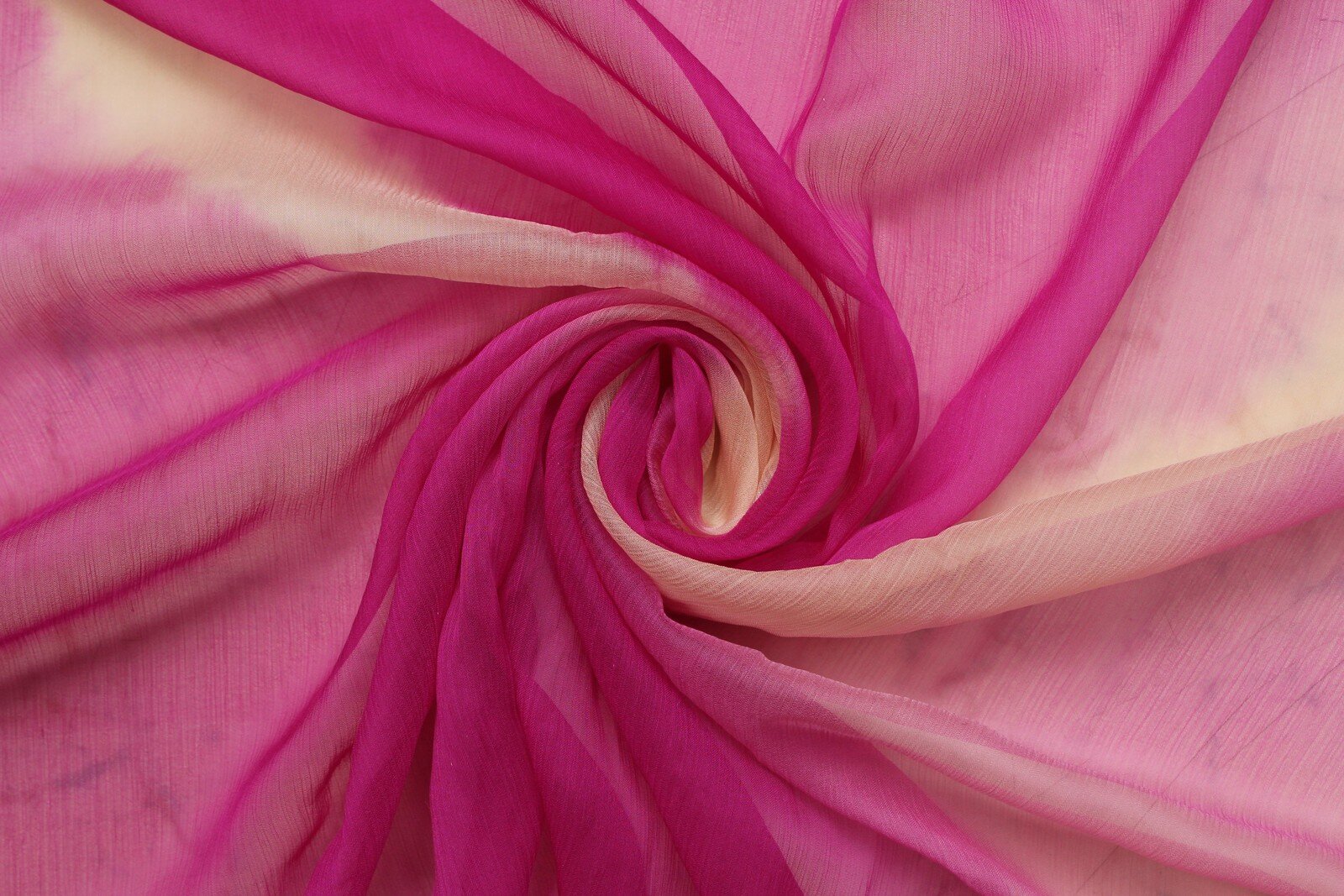 Ткань Шелковый шифон-креш батик фуксия на кремово-розовом, ш132см, 0,5 м