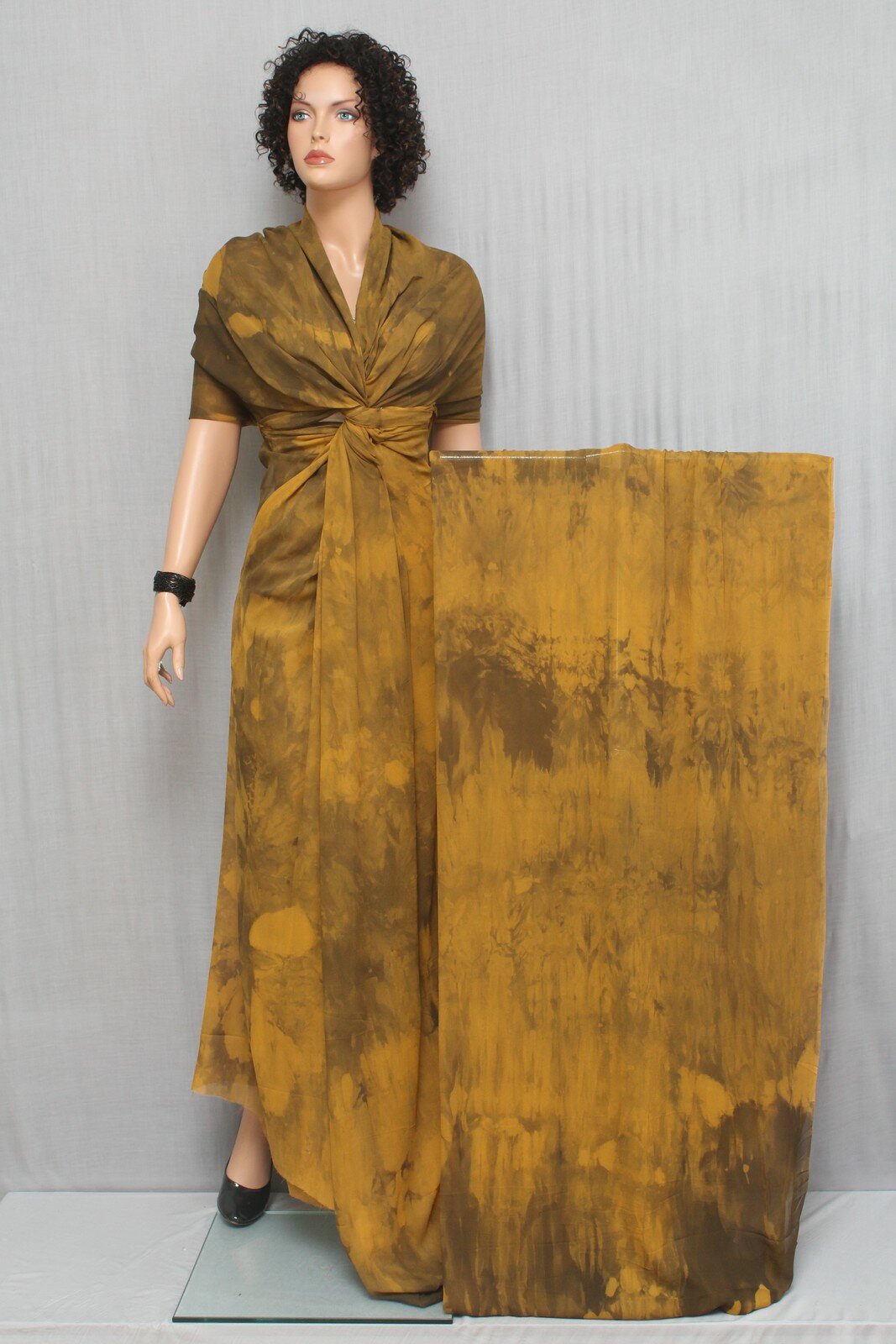Ткань Шёлк-жоржет стрейч Marini оливково-горчичный мраморный под батик, ш144см, 0,5 м