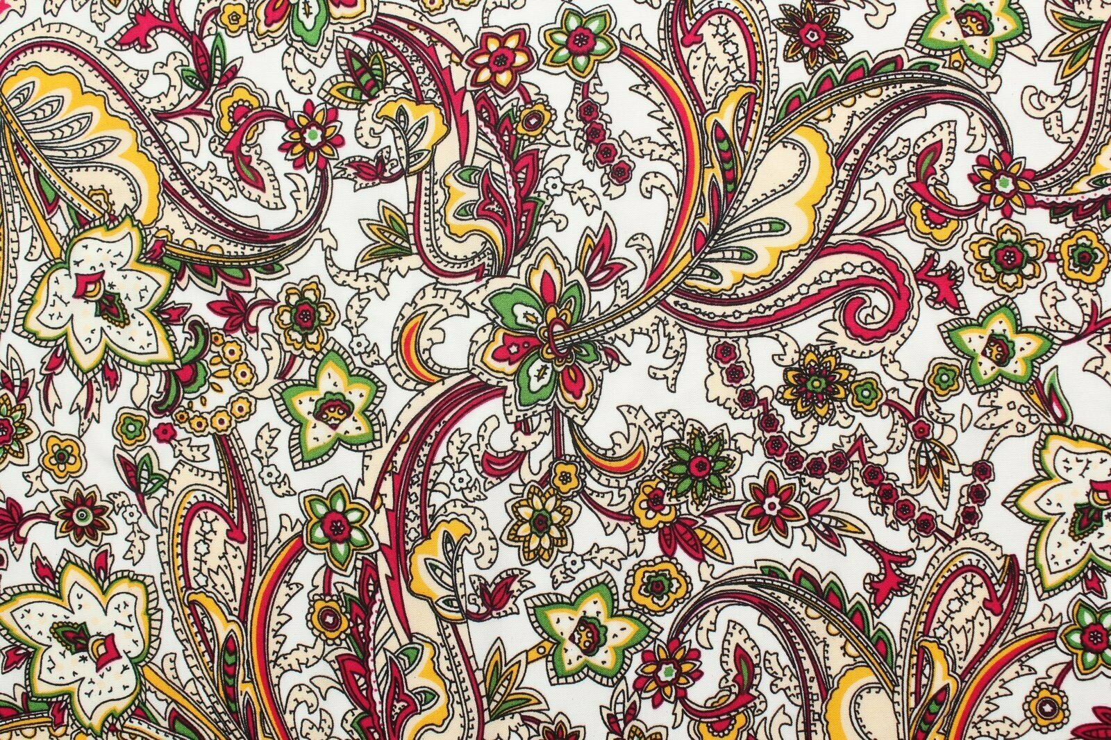 Ткань Вискоза блузочно-плательная чёрно-малиново-зелёные пейсли на белом, ш140см, 0,5 м