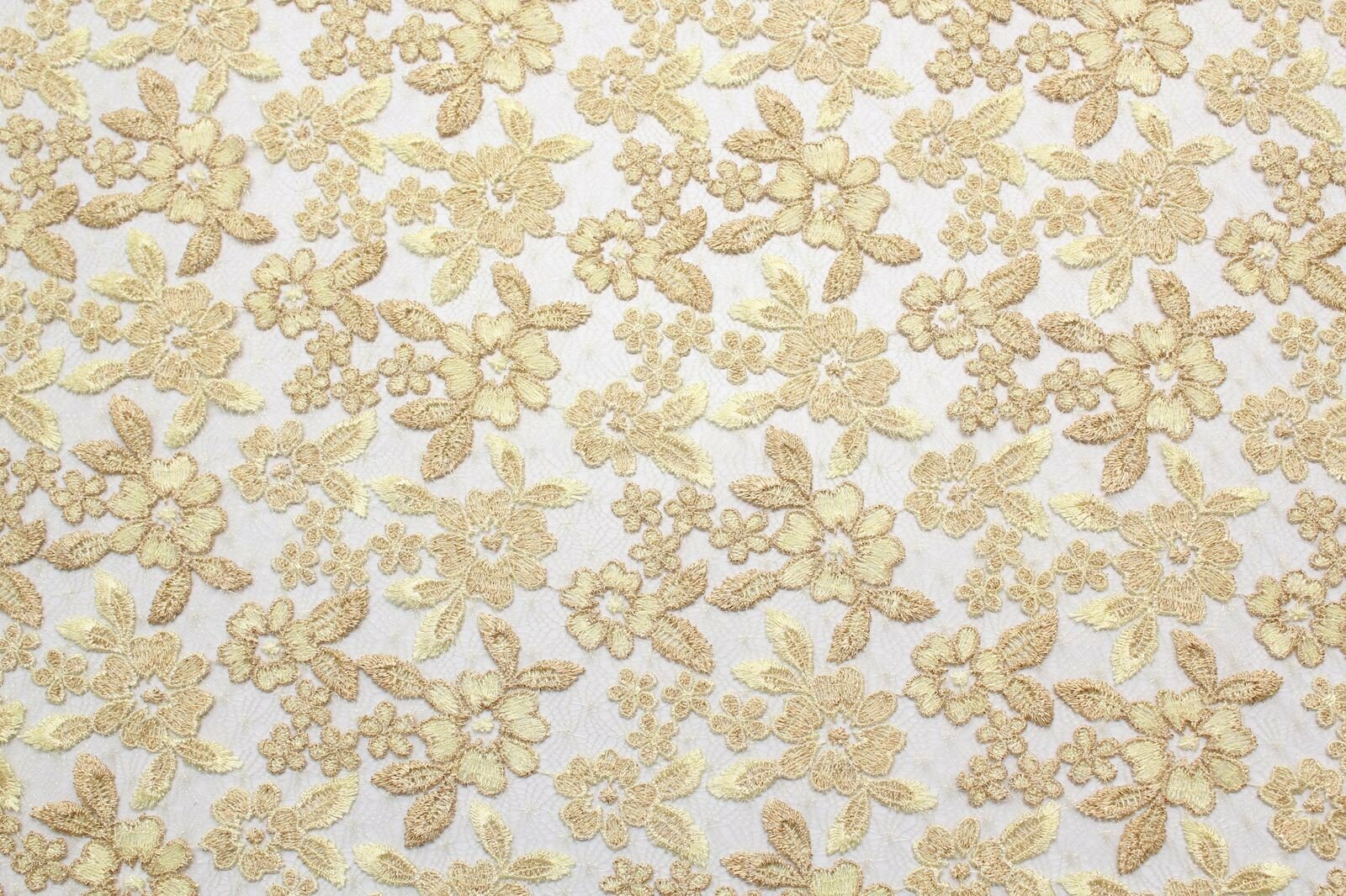Ткань Вышивка на ажурной перламутровой сетке Cadena светло-лимонного цвета с золотистым люрексом и фестонами, ш122см, 0,5 м
