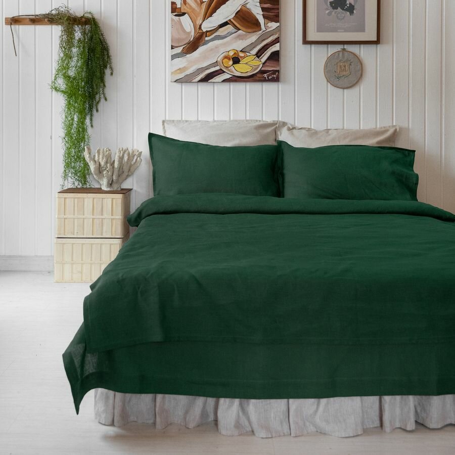 100% Льняное постельное белье Евро умягченное На пуговицах Изумруд, наволочки 50х70