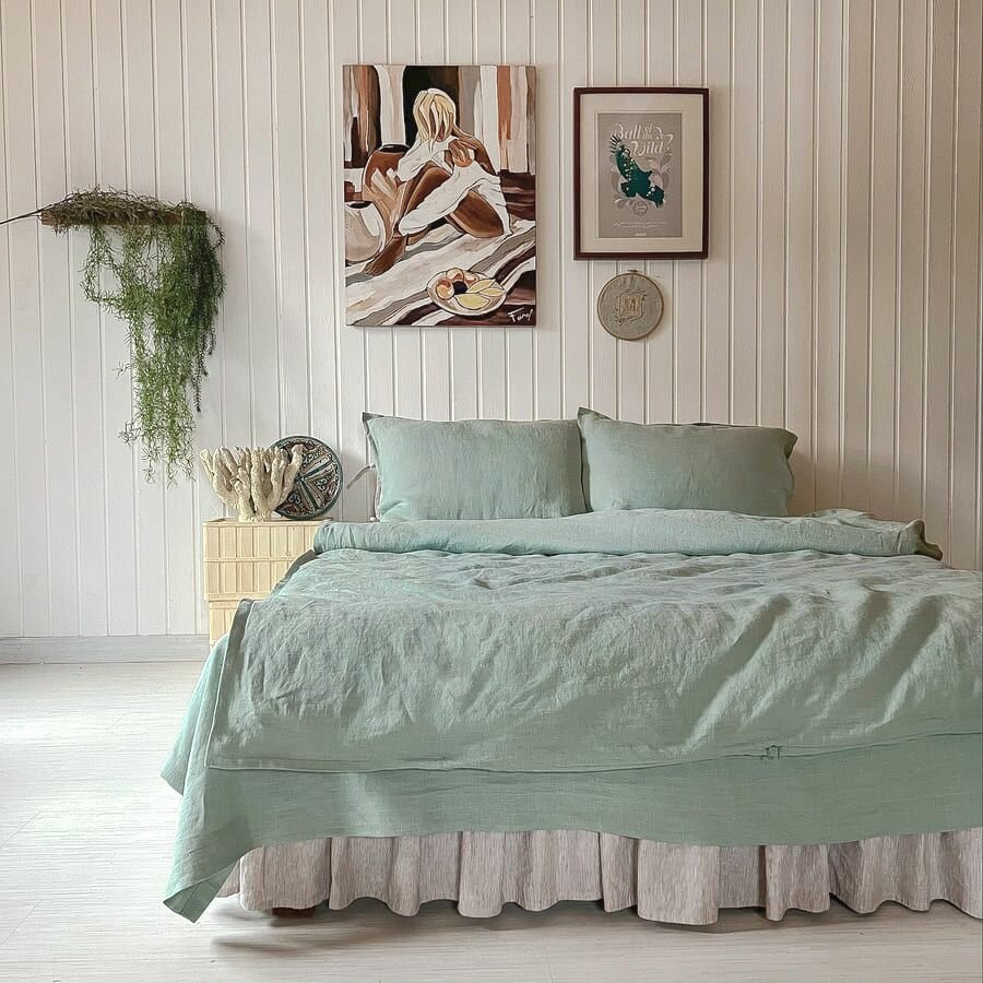 100% Льняное постельное белье Евро Шалфей, на завязках, наволочки 50х70