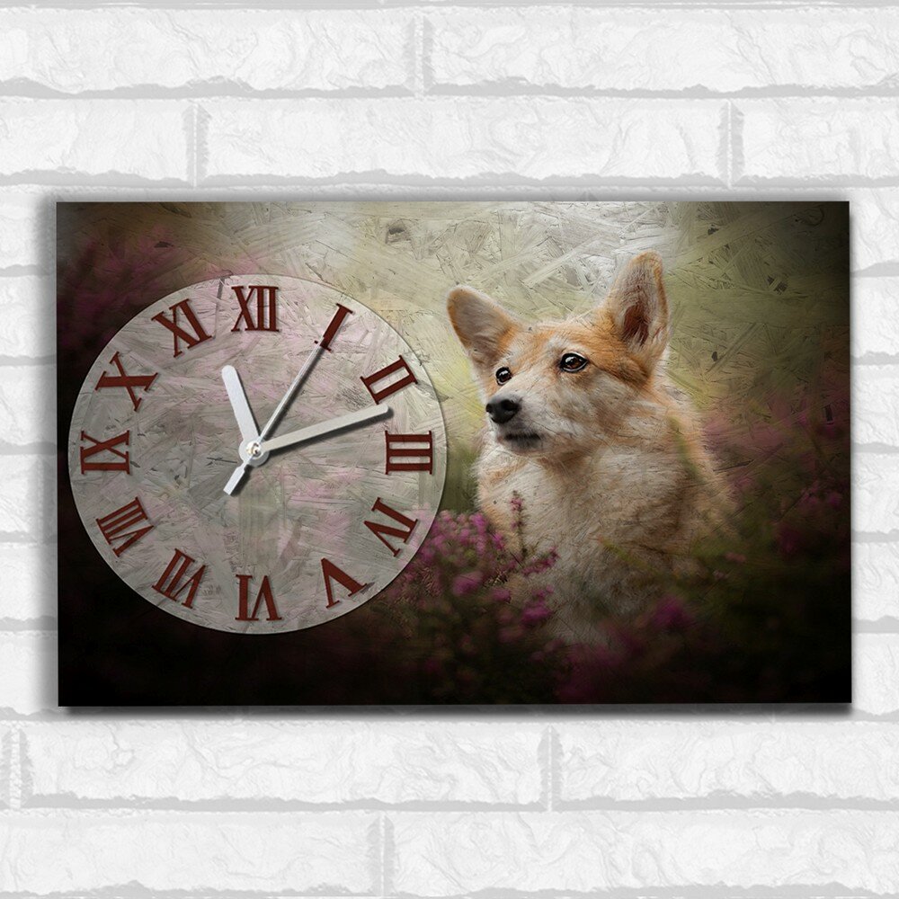 Настенные бесшумные часы ОСБ со смещенным циферблатом Животные Щенок ( Собака, цветы, Корги, милота, Подарок для мамы, бабушки сестры, подруге) - 2578