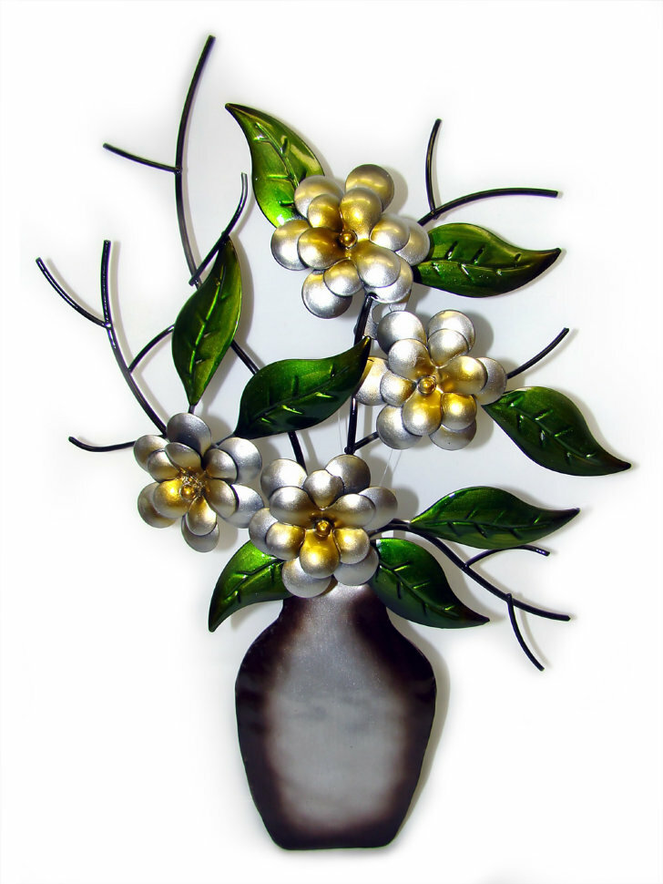 Панно настенное "Жасмин в вазе", металл, техника чеканки/плетения/эмали, 21x36x2,5см