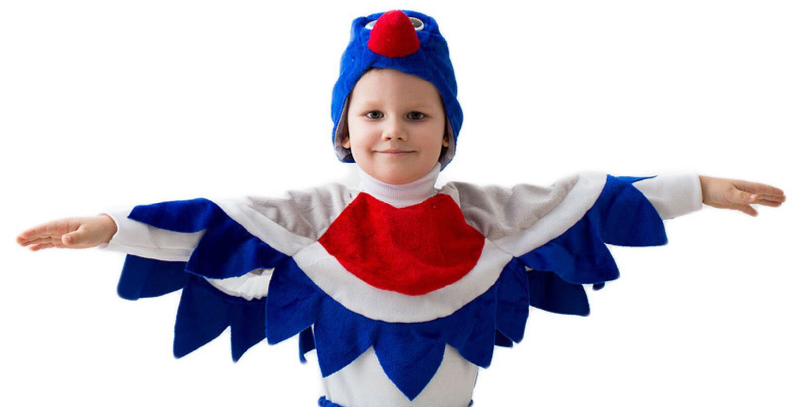 Карнавальный костюм детский "Снегирь", праздничный наряд для мальчика и девочки (шапка, воротник с крыльями), 5-7 лет, рост 122-134 см