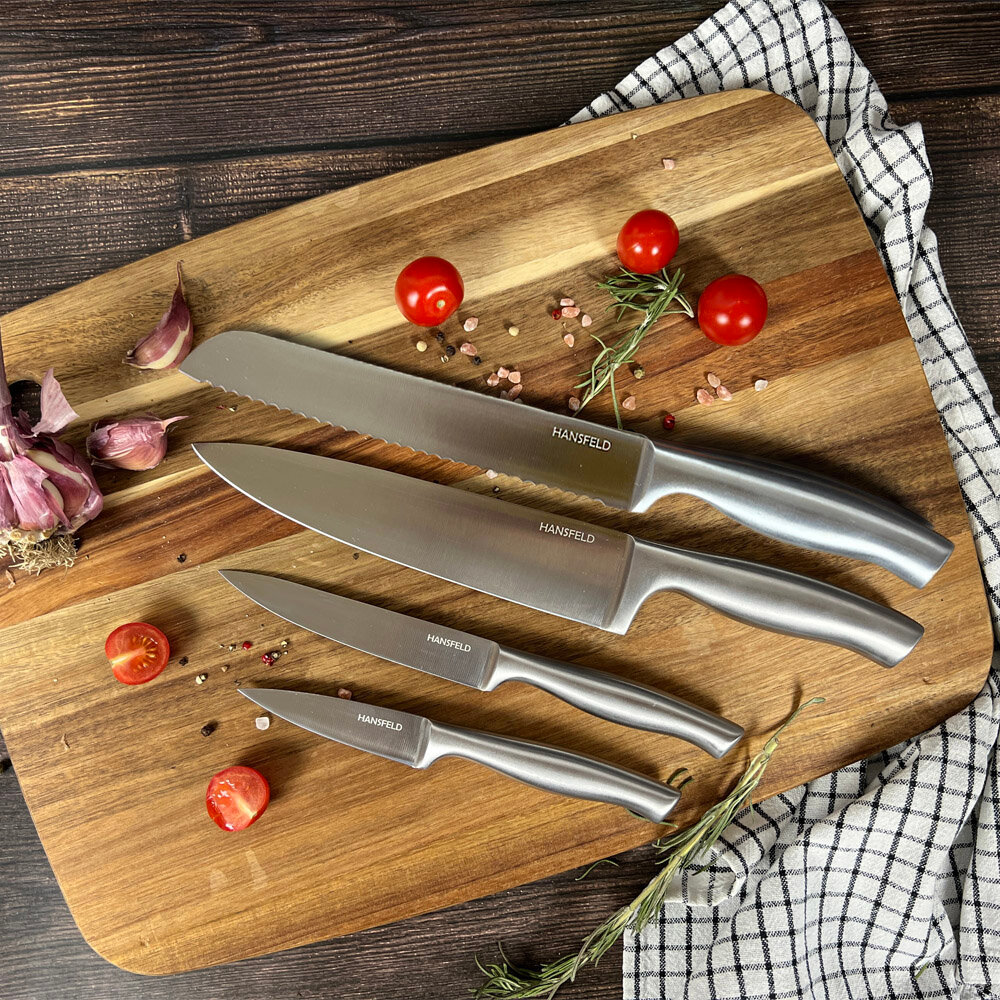 Набор кухонных ножей 4шт (для овощей, универсальный, поварской, для хлеба) HANSFELD Aurora, для чистки овощей фруктов, для нарезки, шеф нож, хлебный