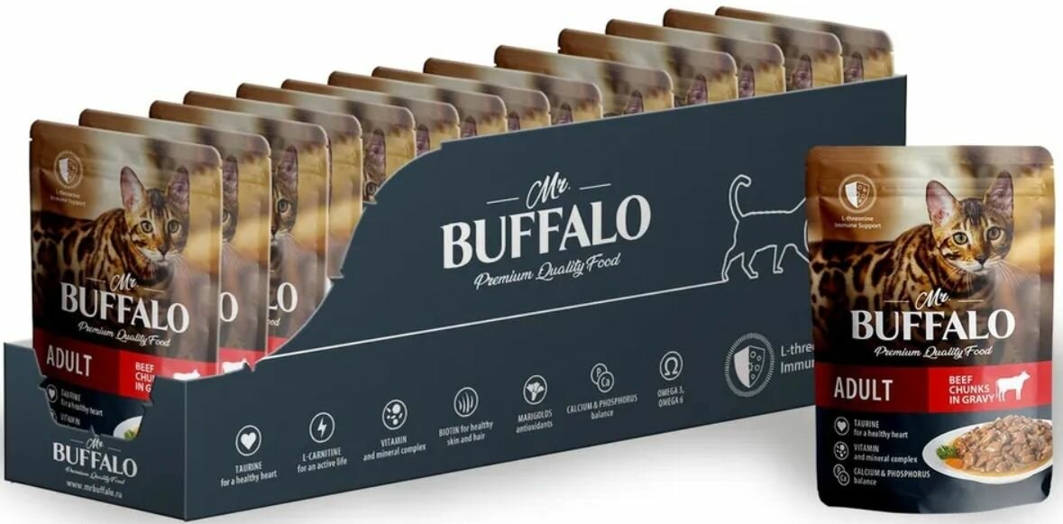 Mr.Buffalo Влажный корм для взрослых кошек Adult, говядина в соусе, 85 г, 24 шт
