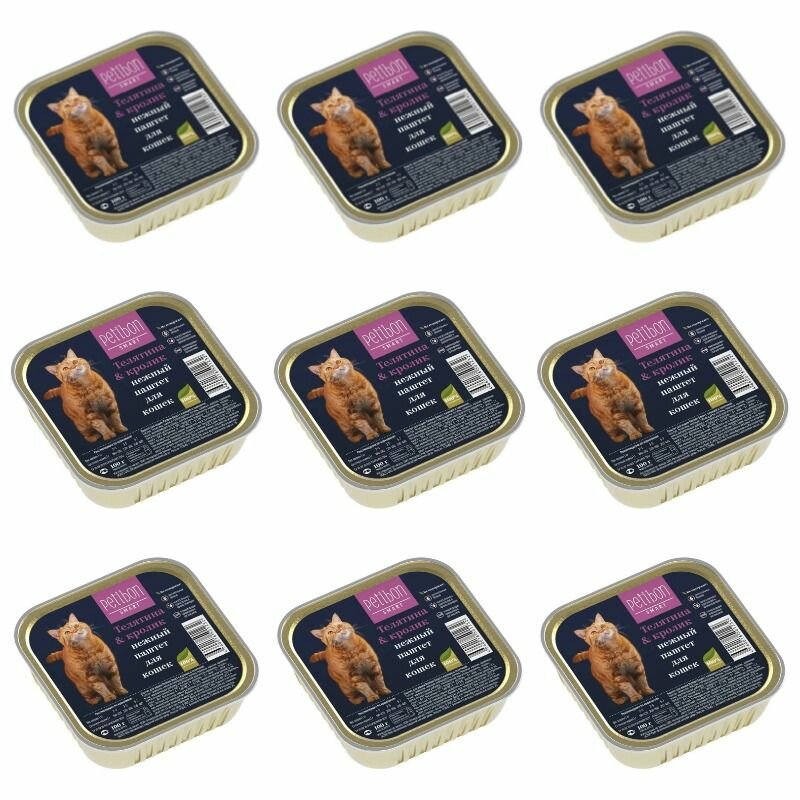 Petibon Smart Влажный корм для взрослых кошек Паштет с телятиной и кроликом, 100 г, 9шт