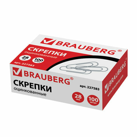 Скрепки BRAUBERG, 28 мм, оцинкованные, 100 шт, в картонной коробке, 227583
