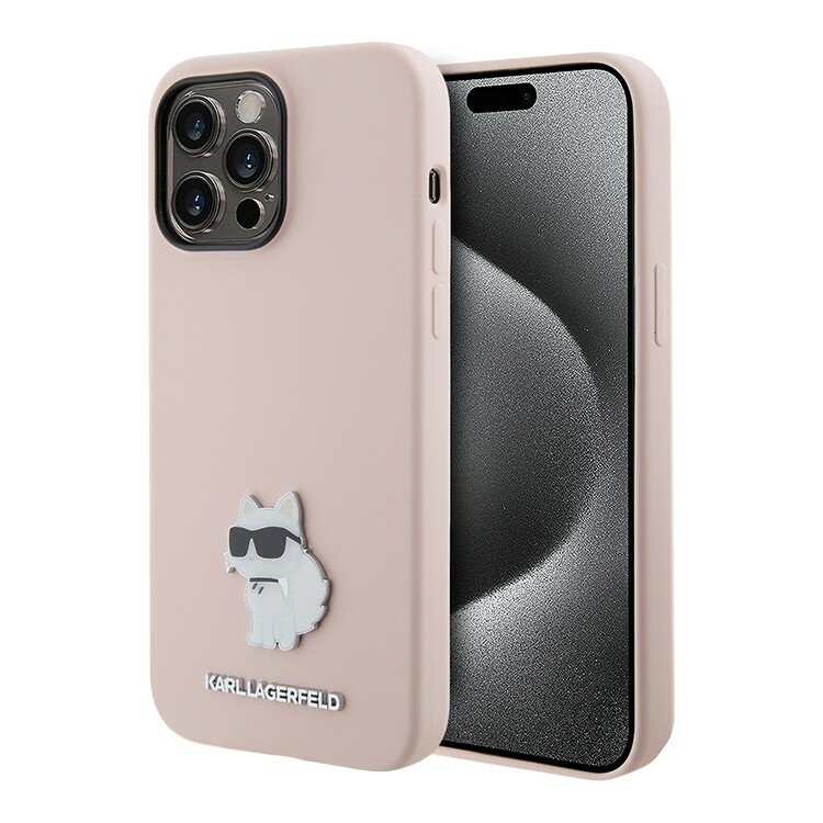 Karl Lagerfeld силиконовый чехол для iPhone 14 Pro Max, NFT Choupette metal pin розовый