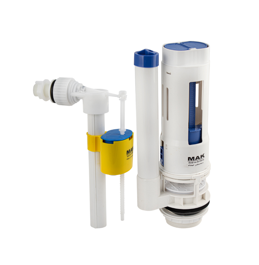 Комплект для бачка унитаза, впускной боковой и выпускной клапан на две кнопки