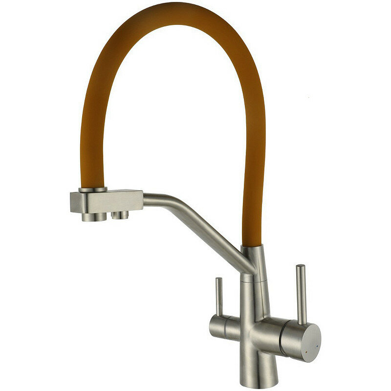 Смеситель для кухни VIKO V-5850 с гибким изливом и подключением к фильтру 2 в 1 (нержавеющая сталь) картридж d35 мм, (корпус/излив: серебро/коричневый)