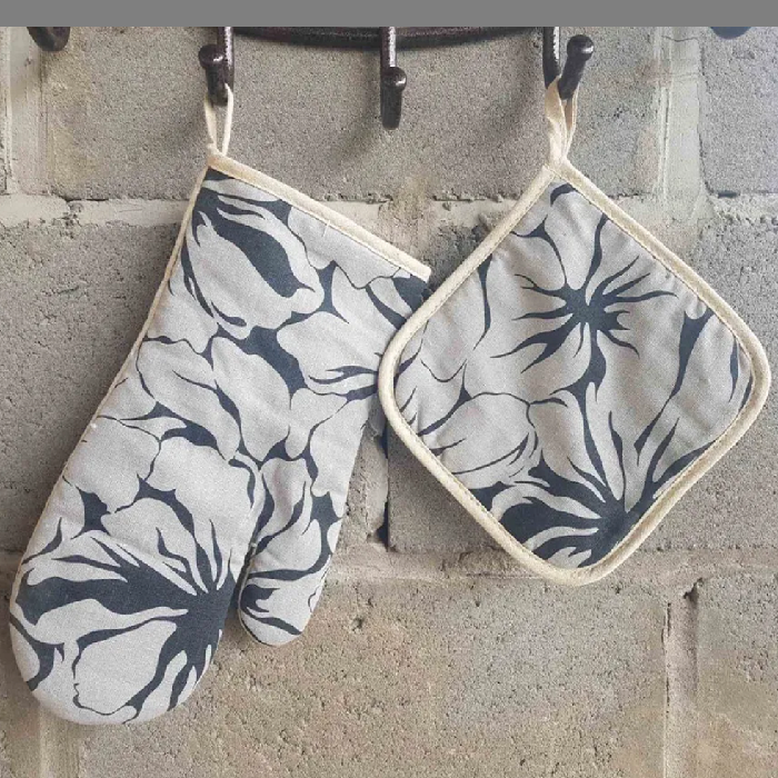 Набор Лён кухонный - прихватка и рукавица-990-Цветы Серый