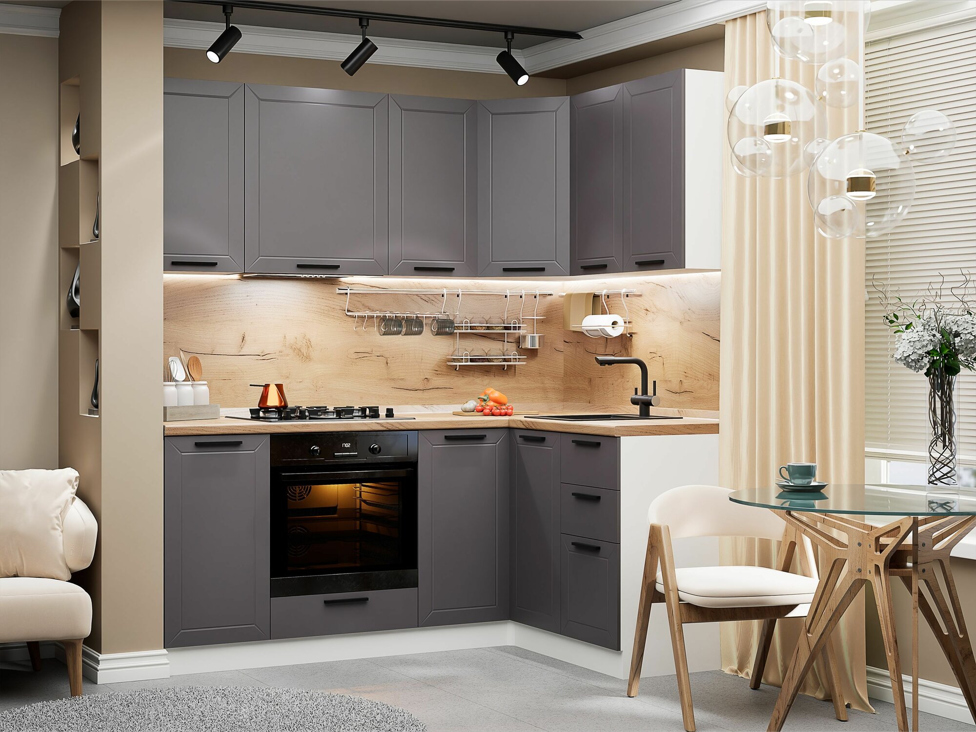 Кухонный гарнитур Глетчер, Графит, 2000/1400 мм