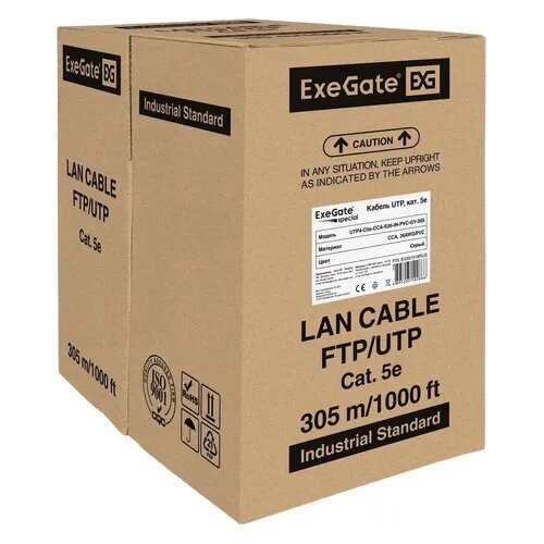 Кабель EXEGATE UTP4-C5e-CCA-S26-IN-PVC-GY-305 UTP 4 UTP, кат.5E, 305м, 4 пары, 26AWG, алюминий омедненный, одножильный, серый