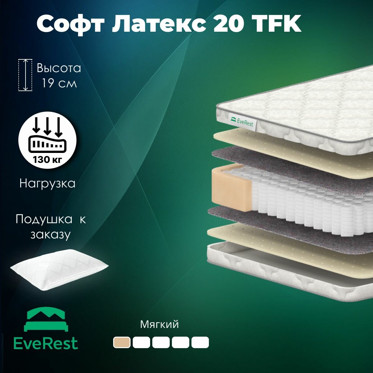 Матрас Everest Софт Латекс 20 TFK, 85x200, высота 19 см, независимые пружины, чехол Lux