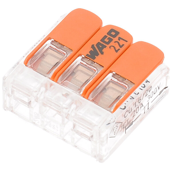 Клемма Wago 221-413 безвинтовой 3х(0,14-4,0) кв. мм для медного провода (50 шт. в комплекте)