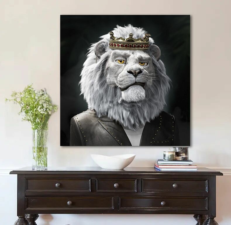 Картина лев, лев и львица, семья львов, лев в костюме, 40х40