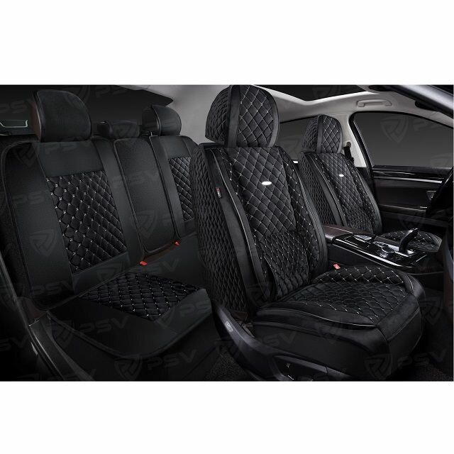 Комплект накидок на весь салон форма 5D Favorit Velur, материал велюр, цвет черный, строчка белая