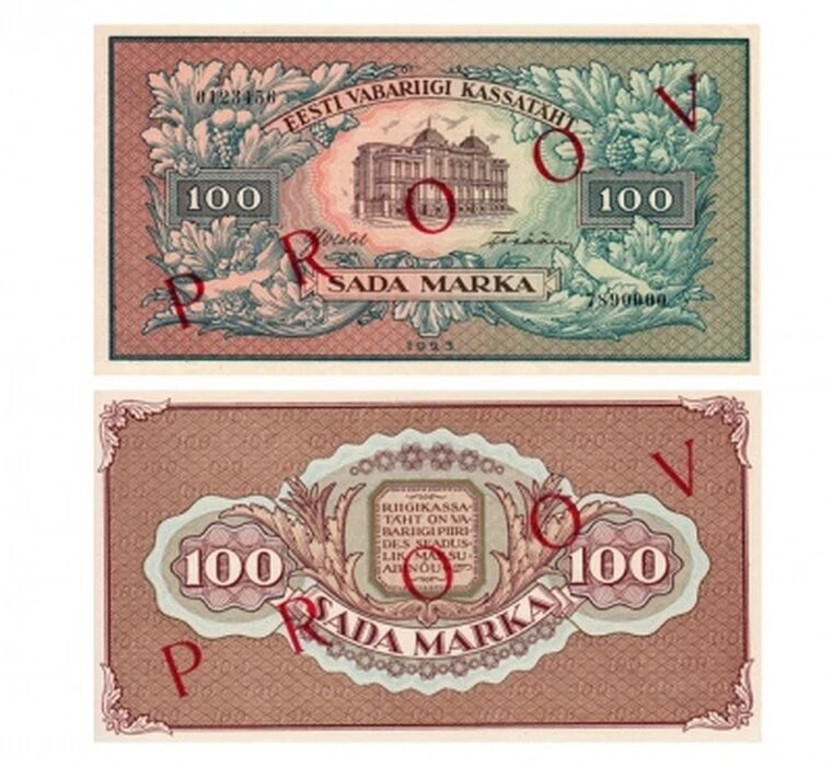 100 марок 1923 Эстония, надпечатка образец, сувенирная копия, банкноты и купюры редкие коллекционные