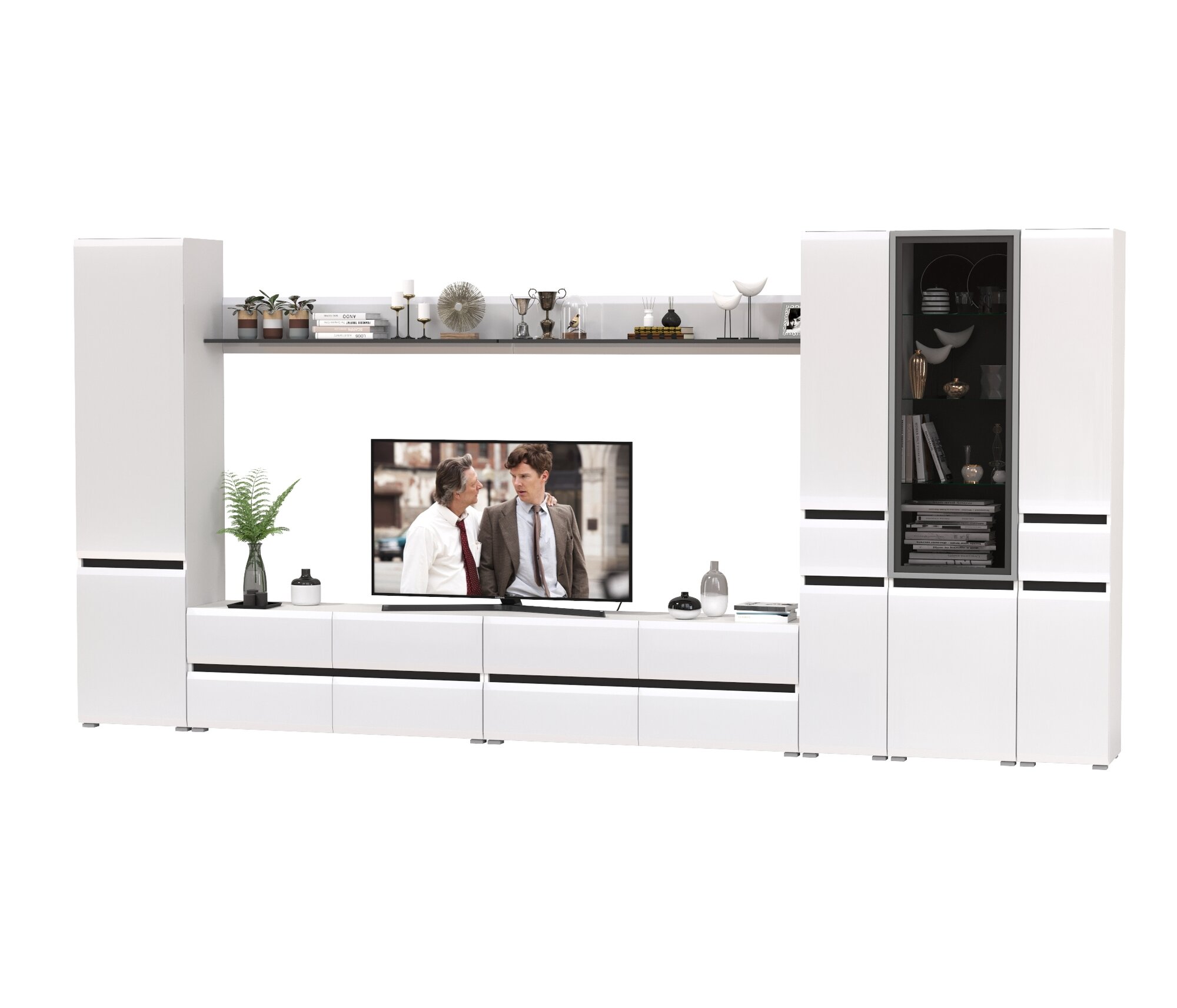 Мебель в гостиную модульная Моби Сидней № 113, цвет белый/чёрный/МДФ белый глянец, 429,8х41,3х205,2 см.