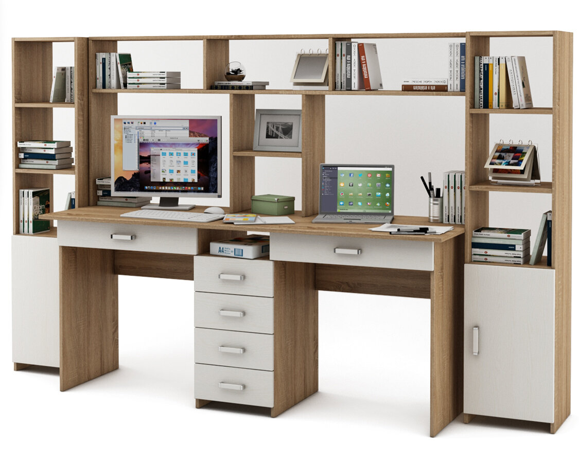 Стол письменный, компьютерный для школьника Лайт (Ньюкасл) 11Я для двоих с надстройкой дуб сонома/белое дерево