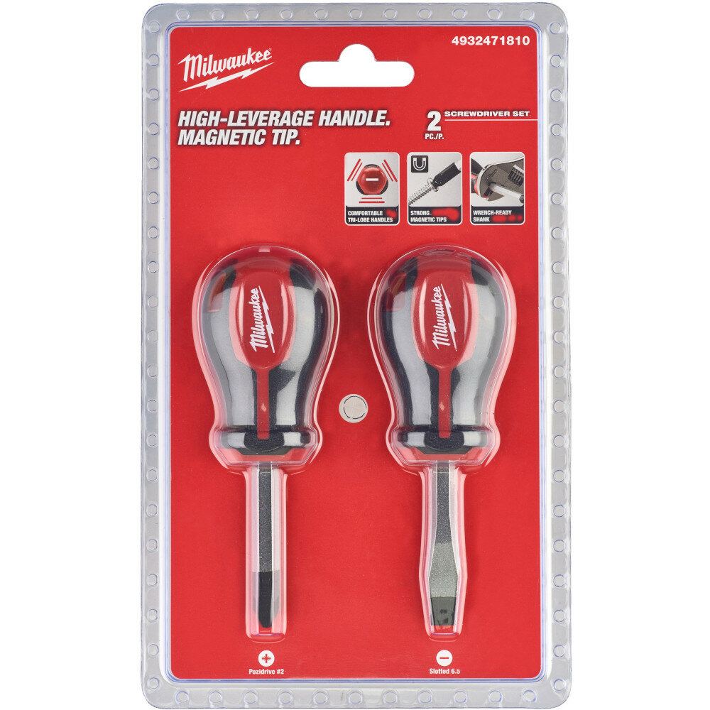 Набор коротких отверток магнитных с трехгранной рукояткой (2шт) Milwaukee (4932471810), в блистере, красный