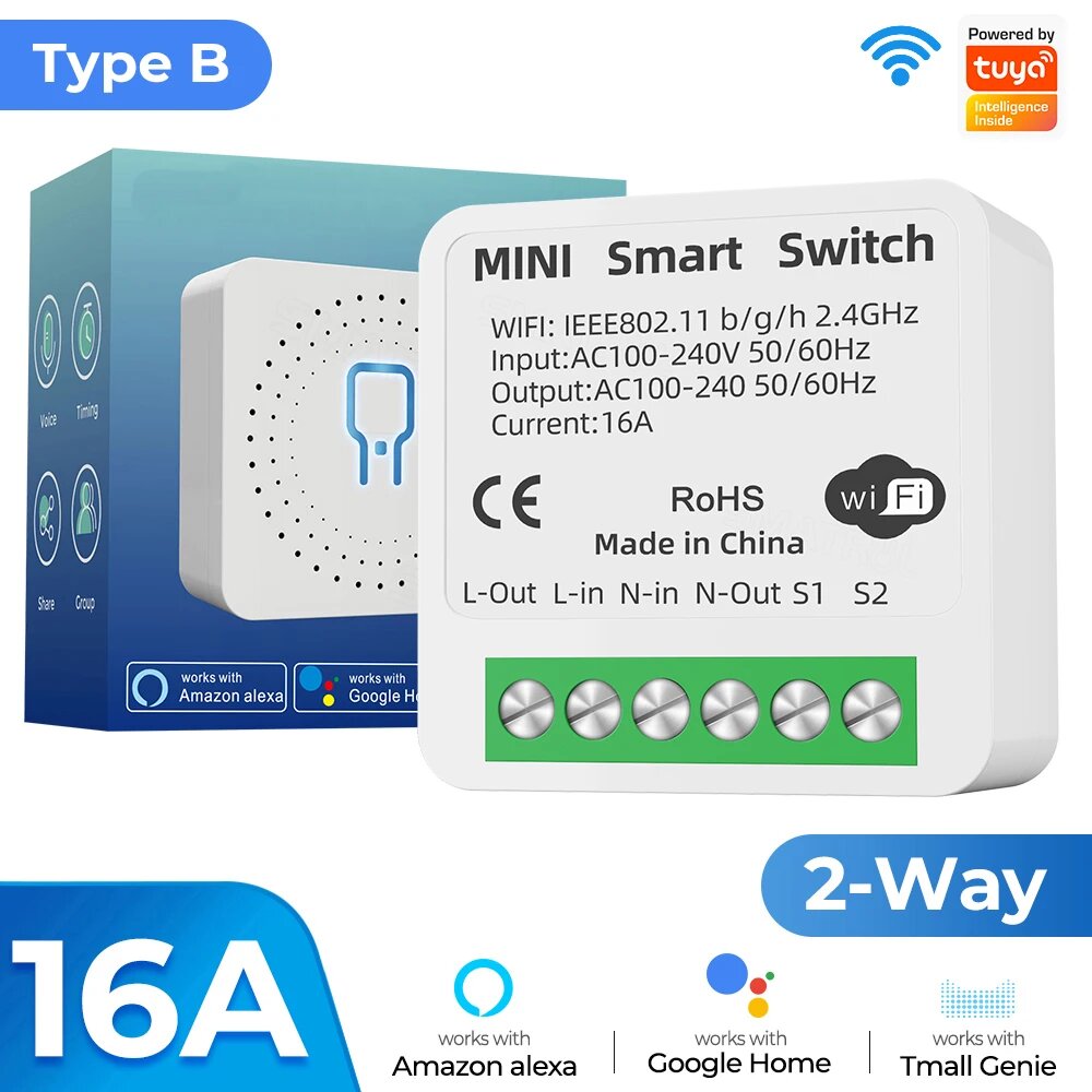 Умный выключатель Tuya WiFi 16A 2-Way, No Power Monitor