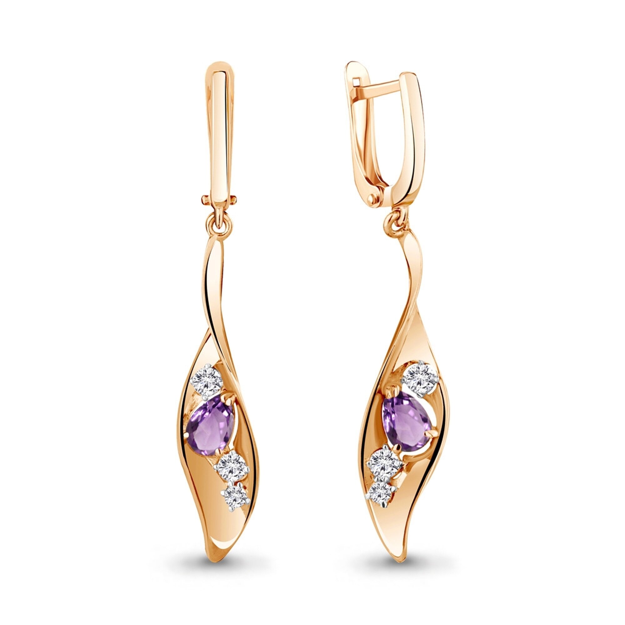 Серьги, серебро, 925 проба, золочение, аметист, фианит