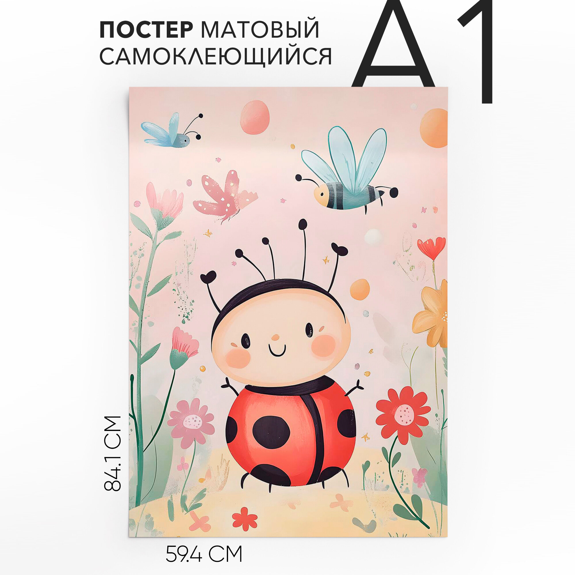 Постер интерьерный самоклеящийся, большой A1 Божья коровка, влагостойкий, для декора