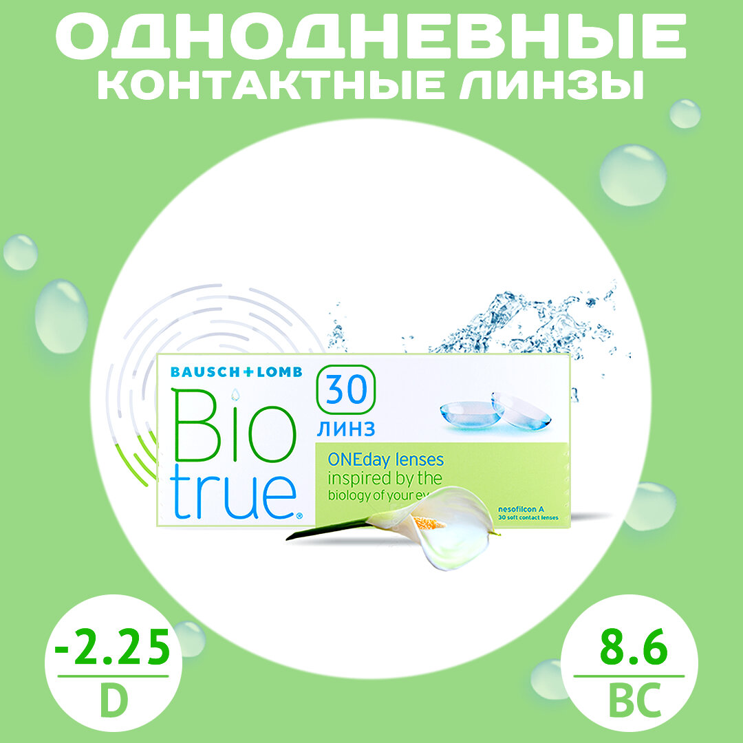 Контактные линзы Biotrue ONE Day D-2.25, R8.6, однодневные, 30 шт.