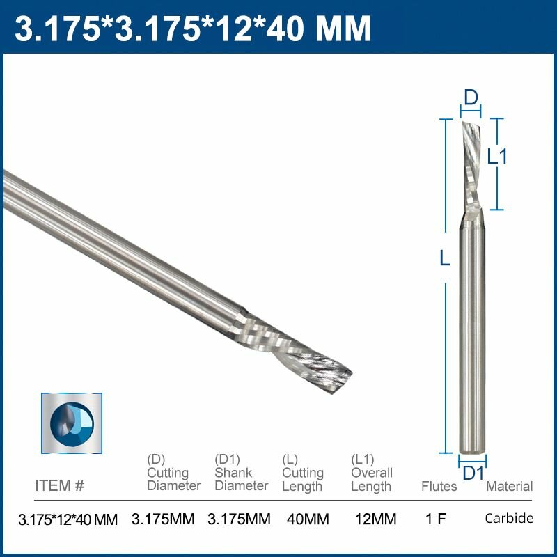 Фреза спиральная однозаходная XCAN, 3,175х3,175х12х40 мм, по дереву, левая