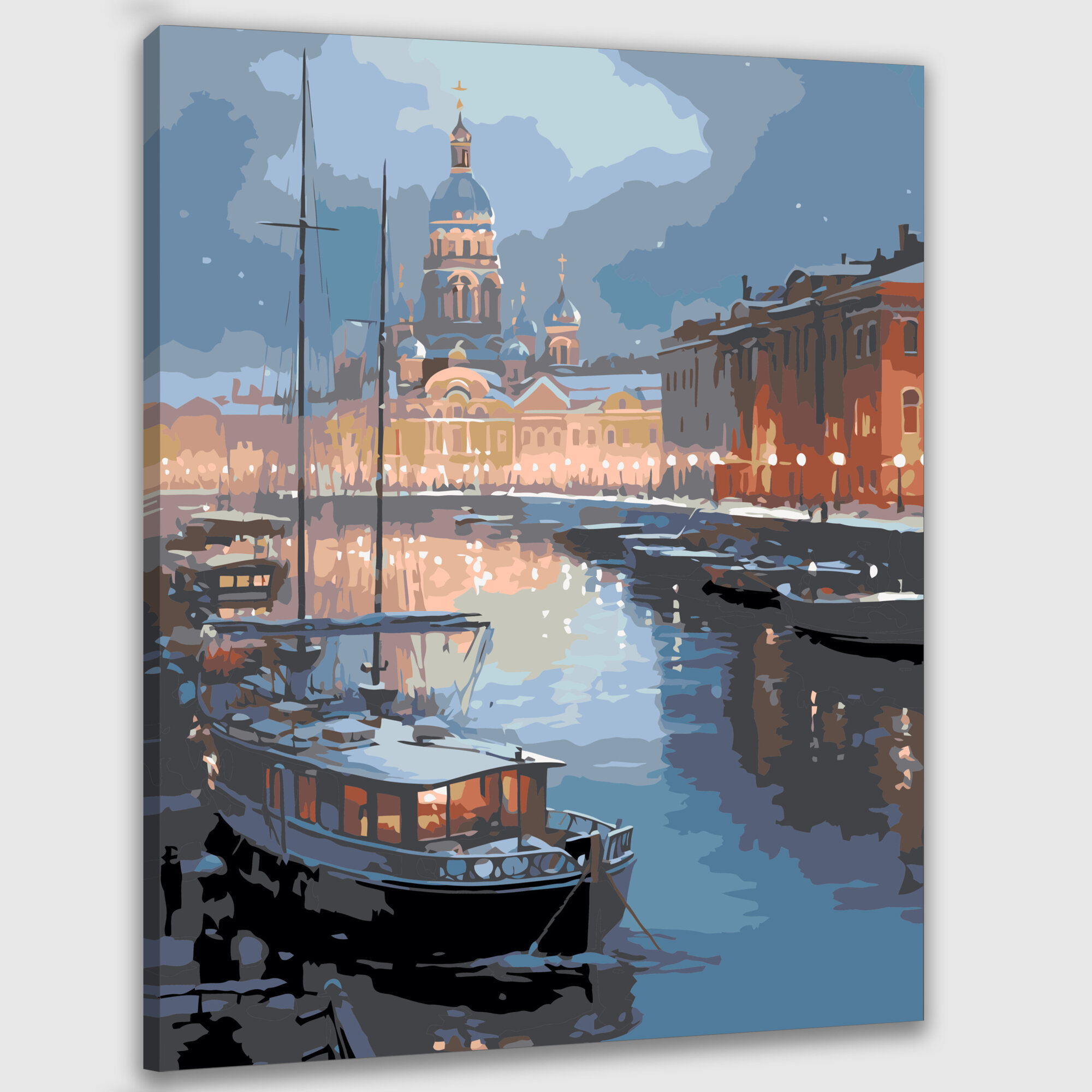 Картина по номерам 40x50 см, гавань, Санкт-Петербург, зимний вечер, снежинки, иней, здания, лодки, цветовая палитра