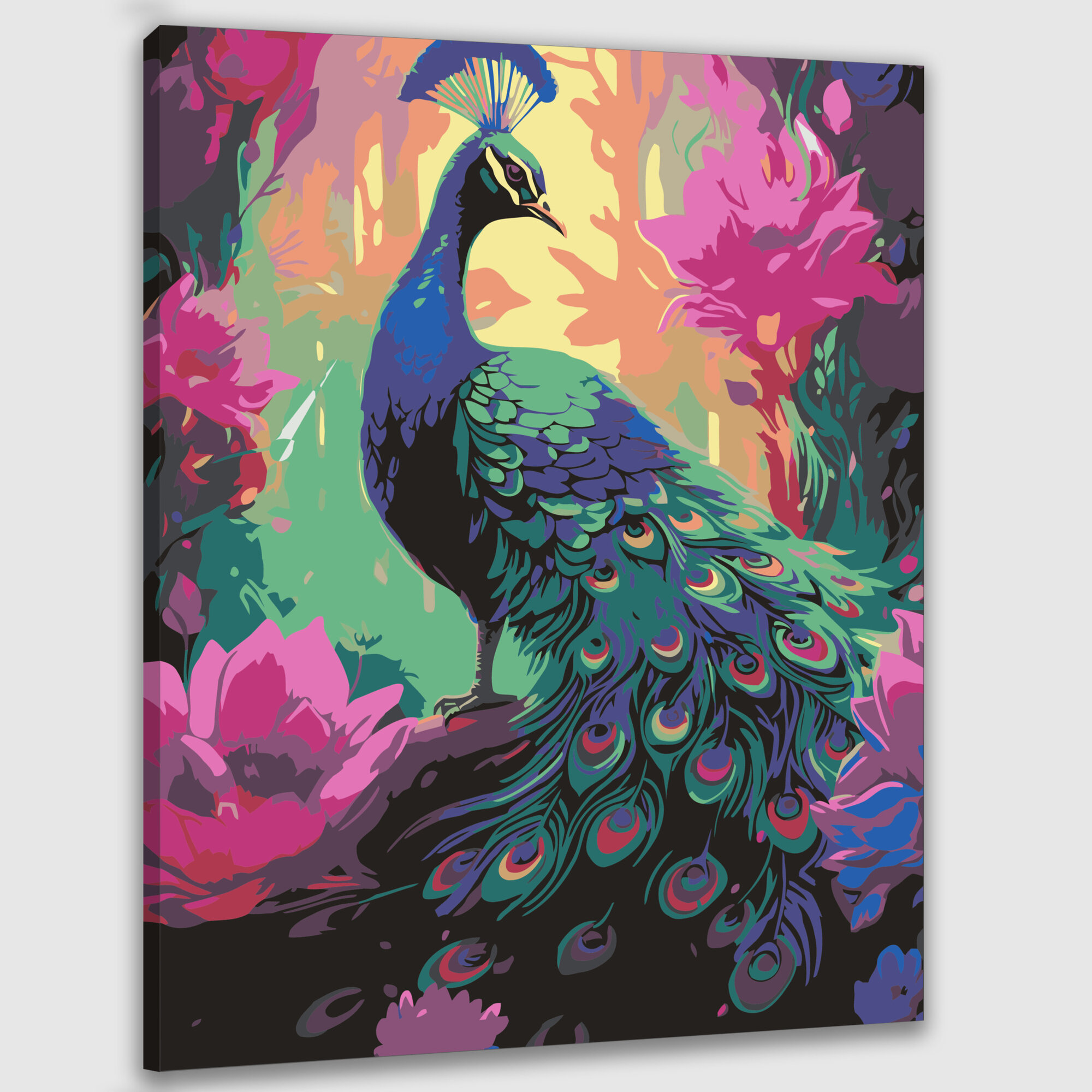 Картина по номерам 40x50 см, павлин, оперение, радужное, синий, зеленый, пурпурный, тропический лес