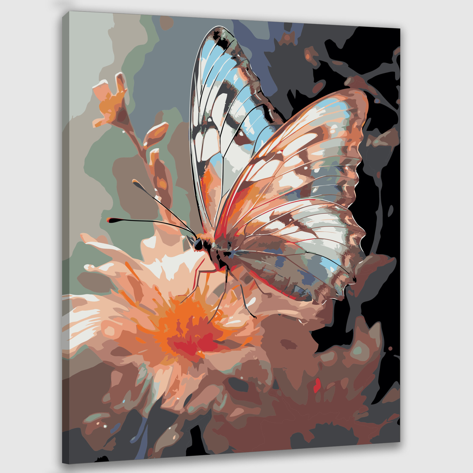 Картина по номерам 40x50 см, бабочка, фотография, лепесток, цветок, радужные крылышки, блеск, солнце, эфемерная красота