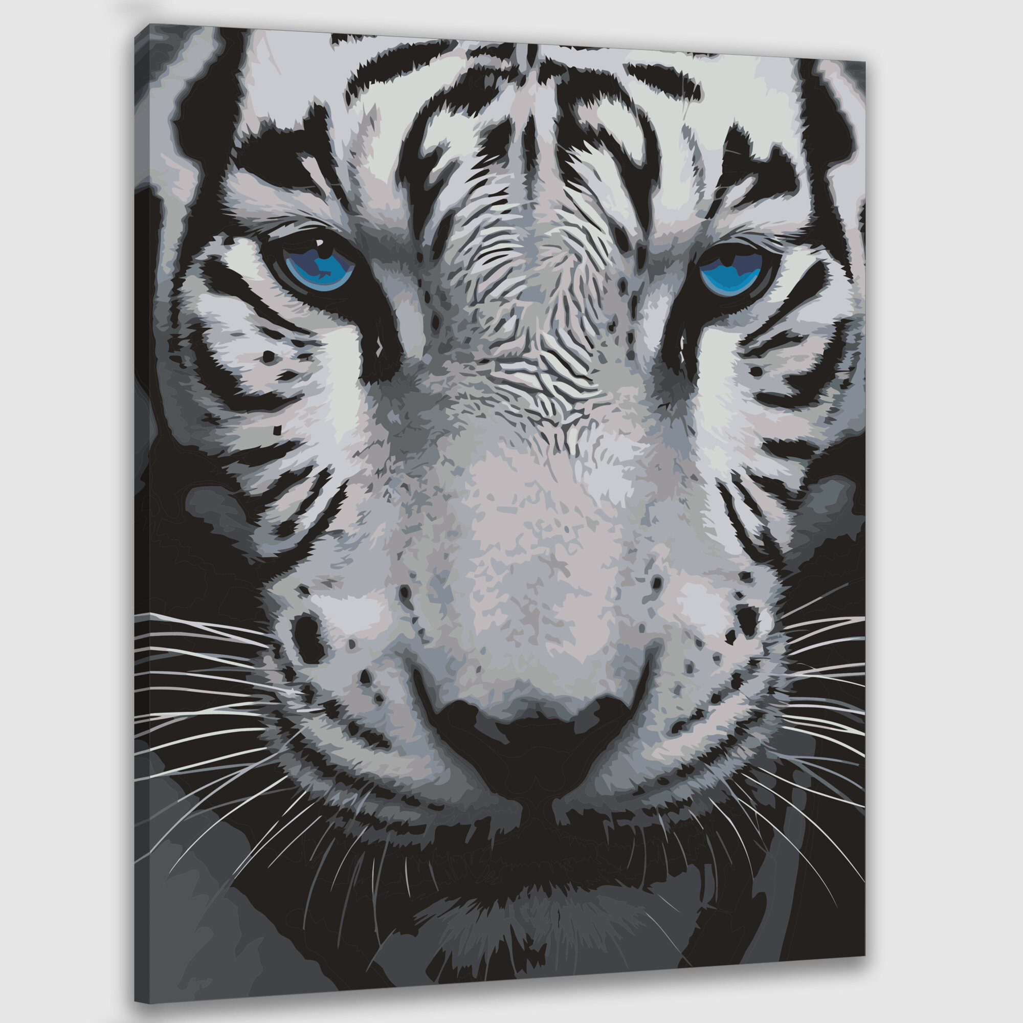 Картина по номерам 40x50 см, белый тигр, голубые глаза, крупный план, мощное присутствие, замысловатые детали