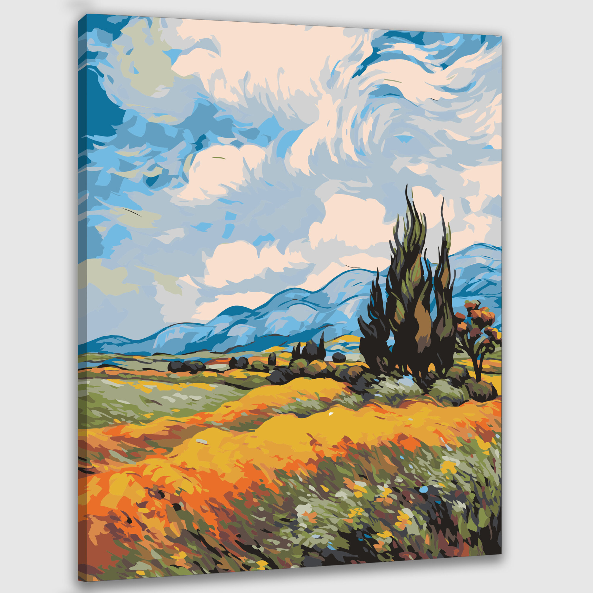 Картина по номерам 40x50 см, картина, пейзаж, Ван Гог, постимпрессионизм, небо, синий, желтый, зеленый, холмы