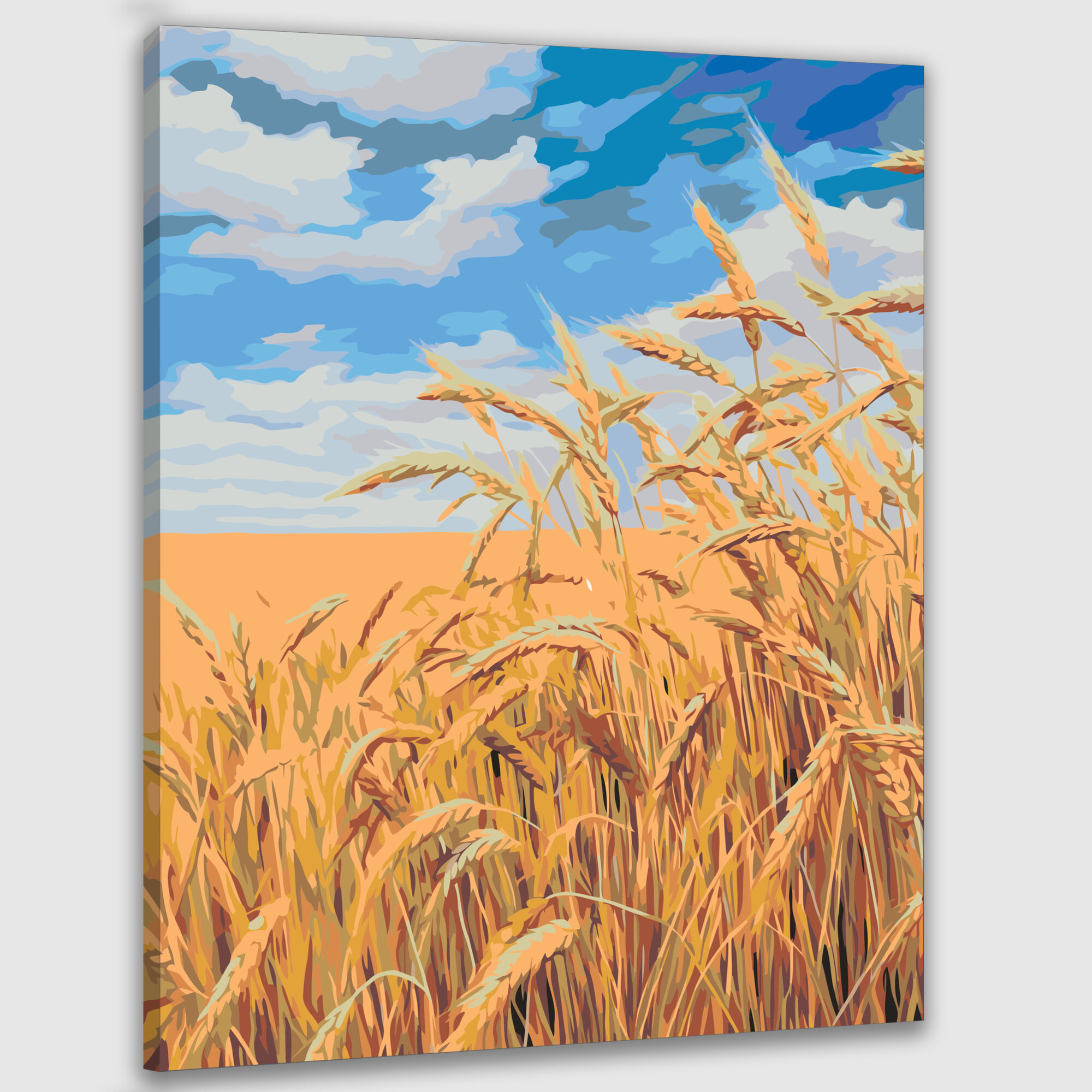 Картина по номерам 40x50 см, картина, масло, пшеничное поле, горизонт, небо, облака, золотистый, яркий, голубой