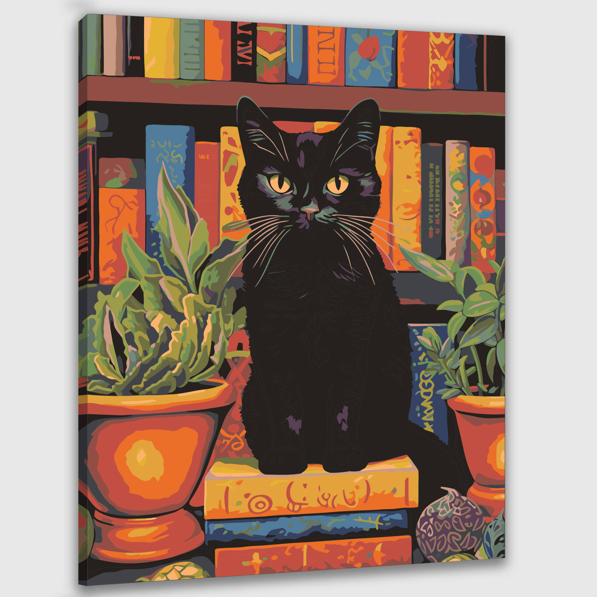 Картина по номерам 40x50 см, яркая акриловая картина, кошка, книжная полка, классическая литература, искусство